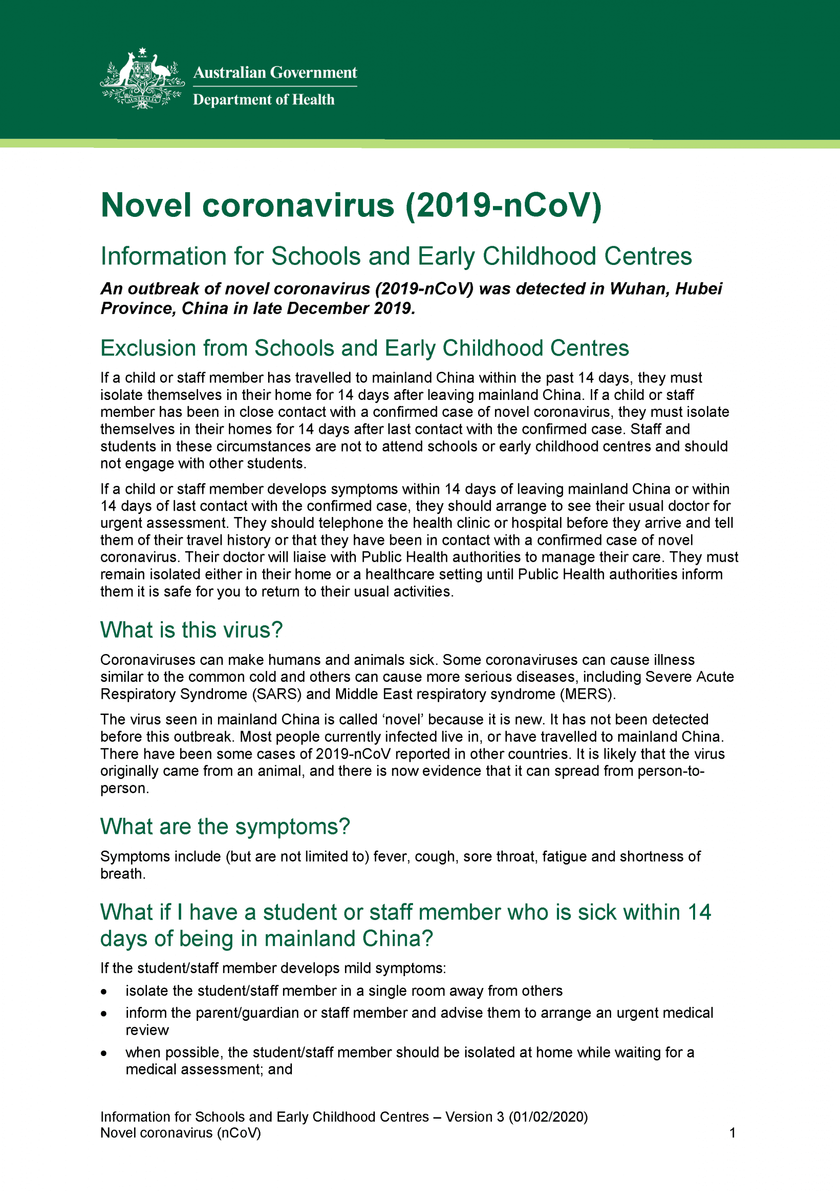 Updated advice on Novel Coronavirus COVID-19 (from 15/2) - Lady Gowrie